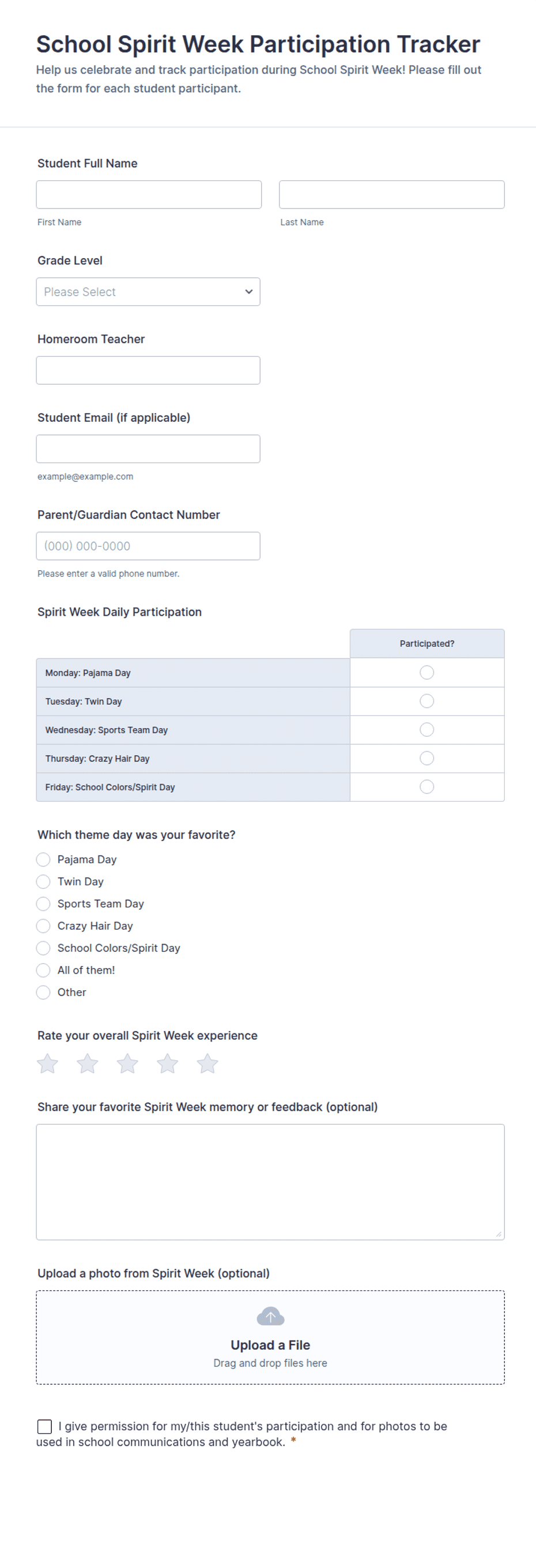 School Spirit Week Participation Tracker Form Template | Jotform