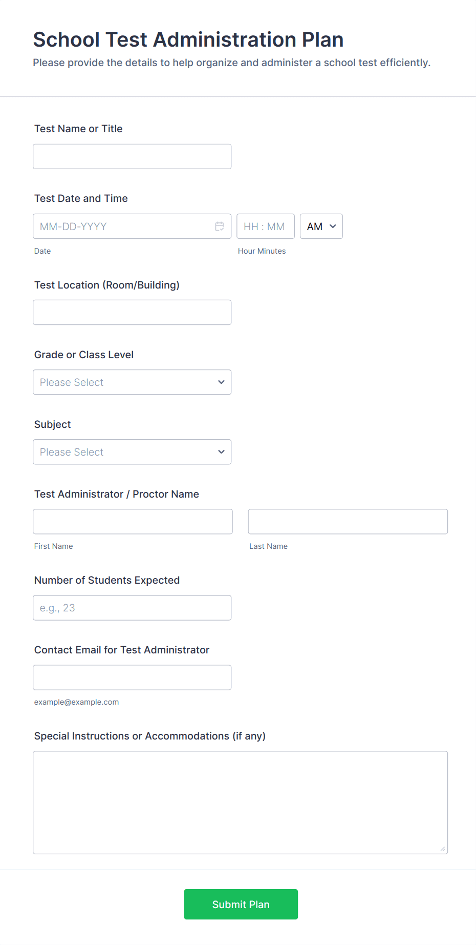 School Test Administration Plan Form Template | Jotform