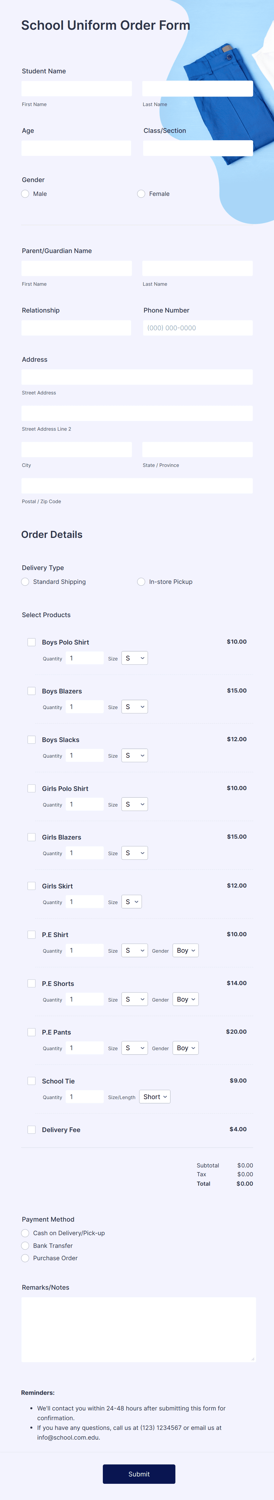 School Uniform Order Form Template | Jotform
