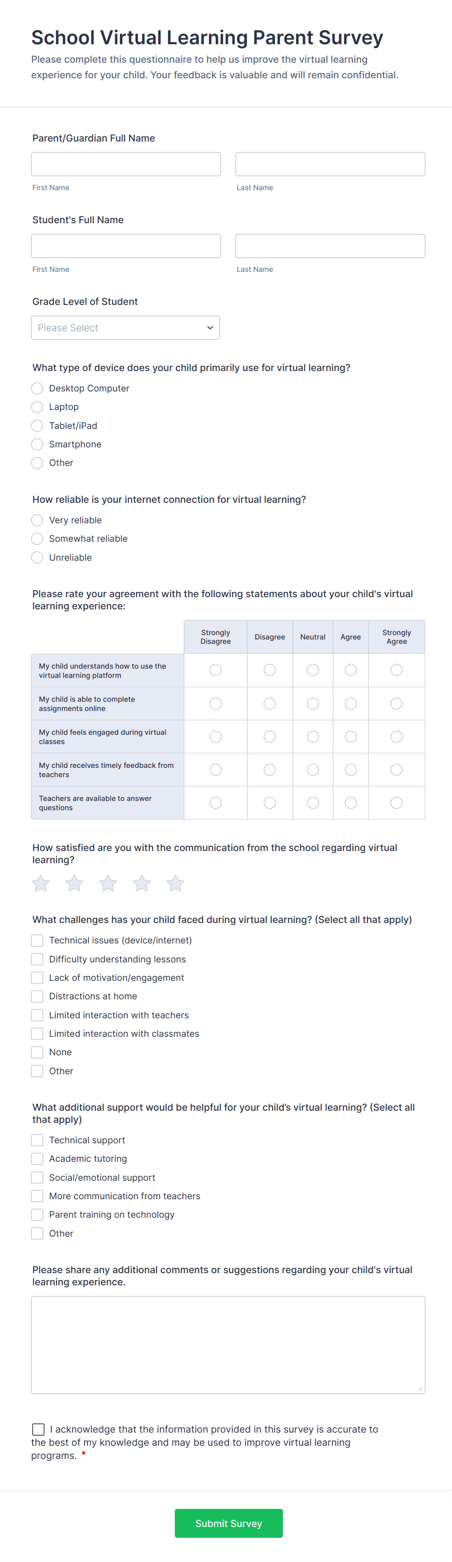 School Virtual Learning Parent Survey Form Template | Jotform