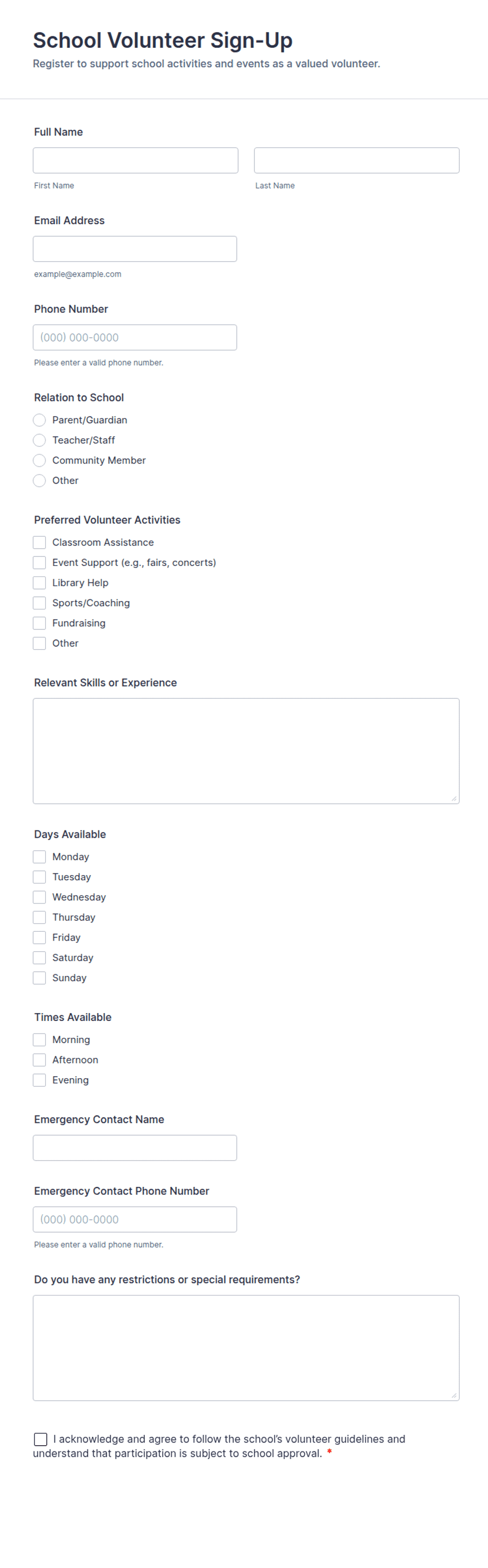 School Volunteer Sign-Up Form Template | Jotform