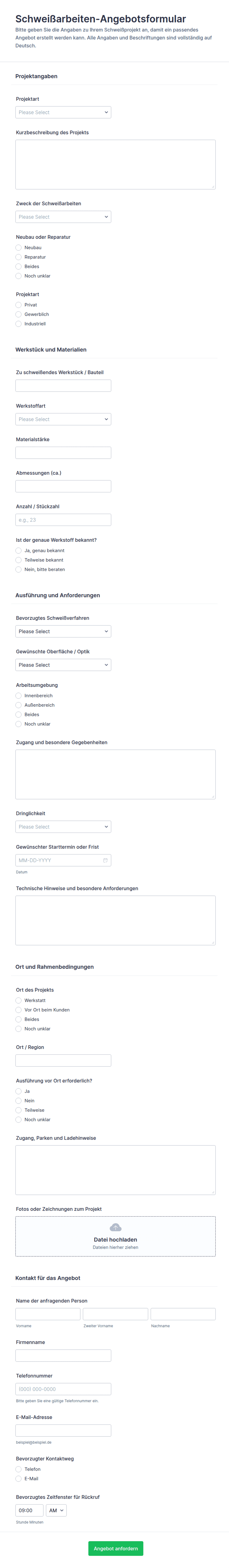 Schweißarbeiten Kostenvoranschlag Formular | Jotform
