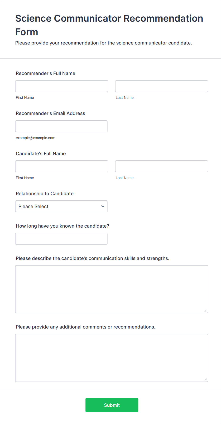 Science Communicator Recommendation Form Template | Jotform