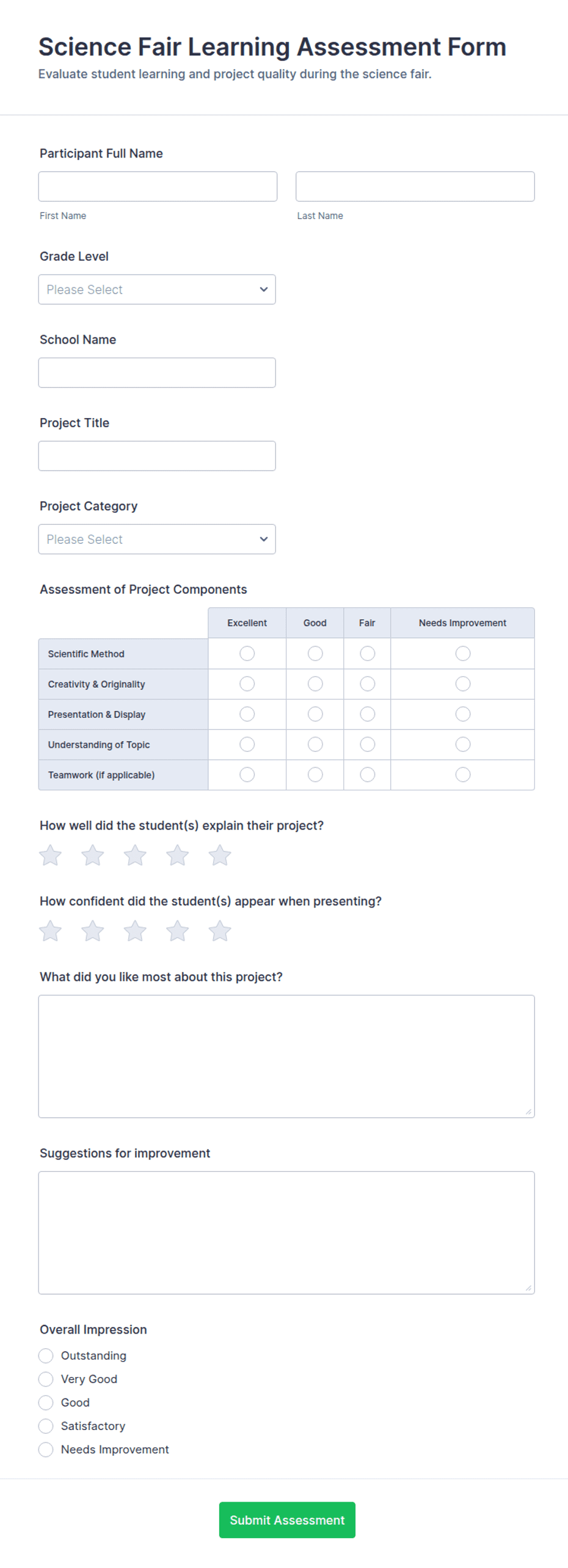 Science Fair Learning Assessment Form Template | Jotform