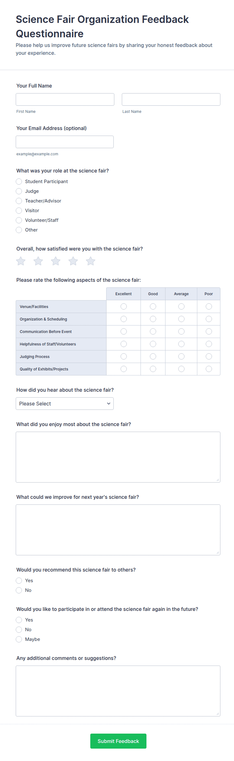 Science Fair Organization Feedback Questionnaire Form Template | Jotform