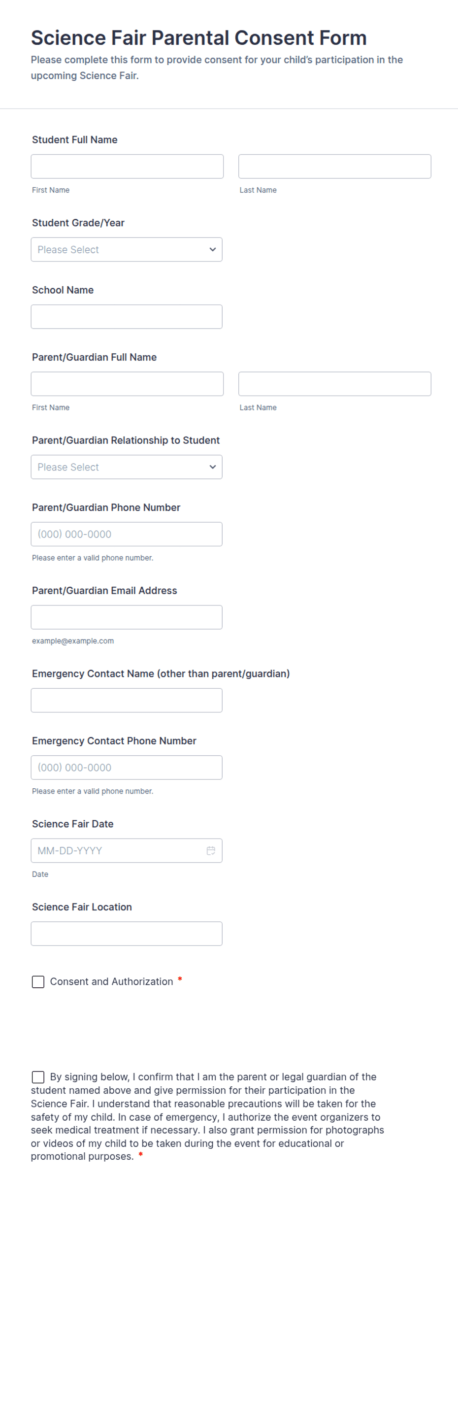 Science Fair Parental Consent Form Template | Jotform