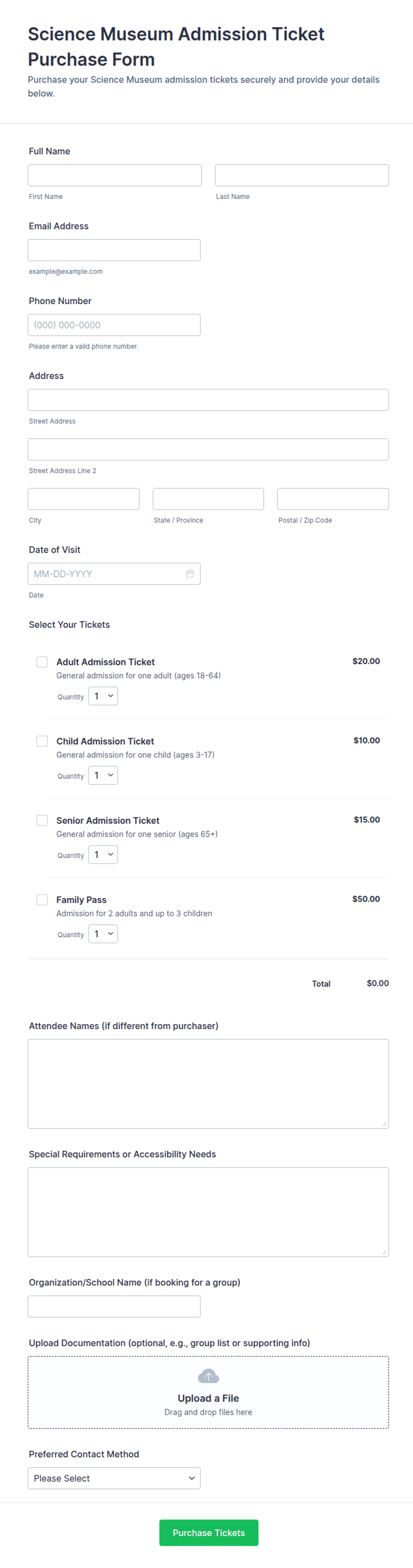 Science Museum Admission Ticket Purchase Form Template | Jotform