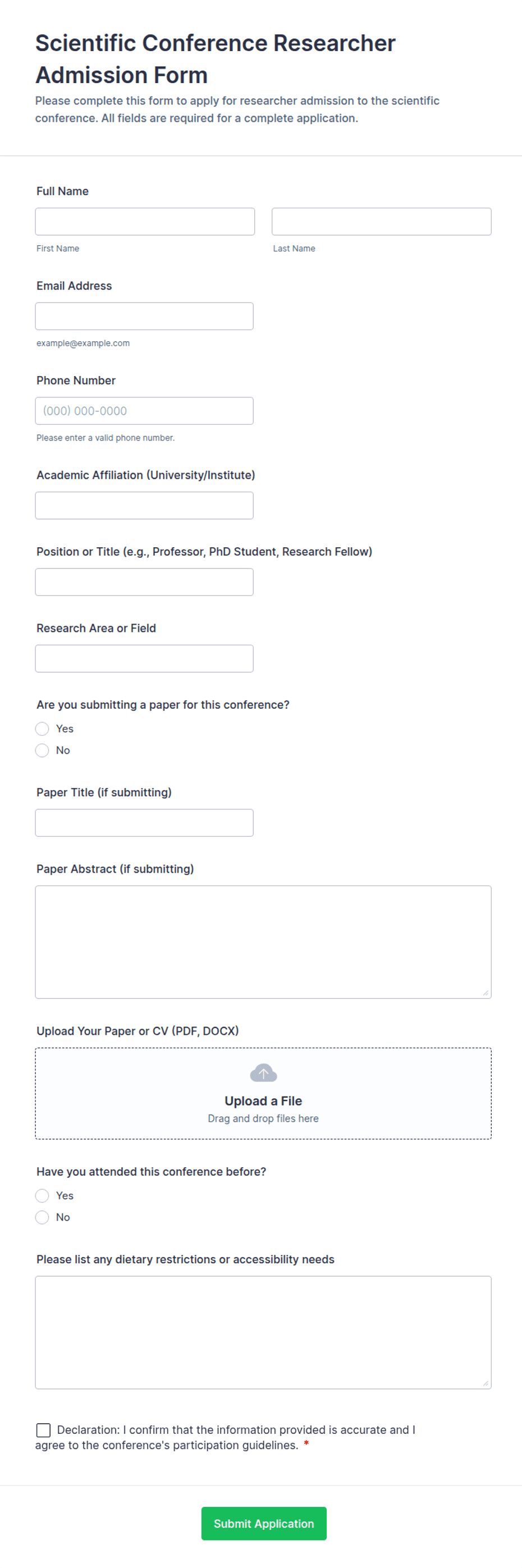 Scientific Conference Researcher Admission Form Template | Jotform