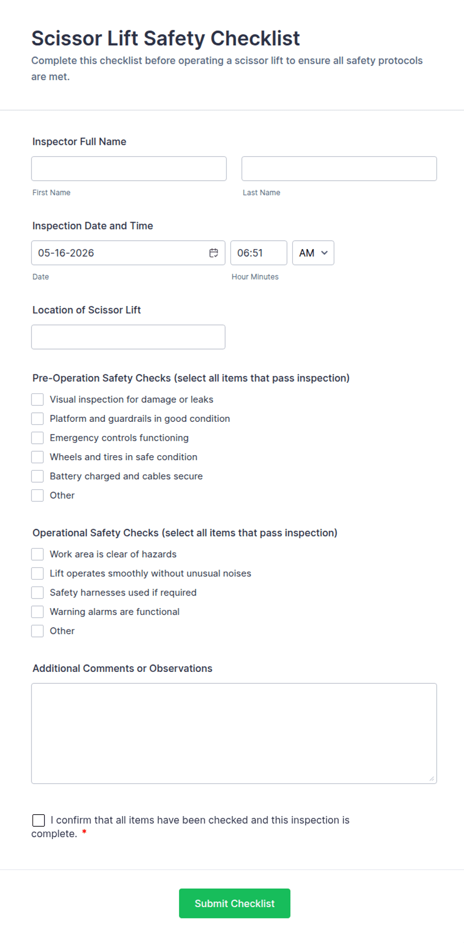 Scissor Lift Safety Checklist Form Template | Jotform