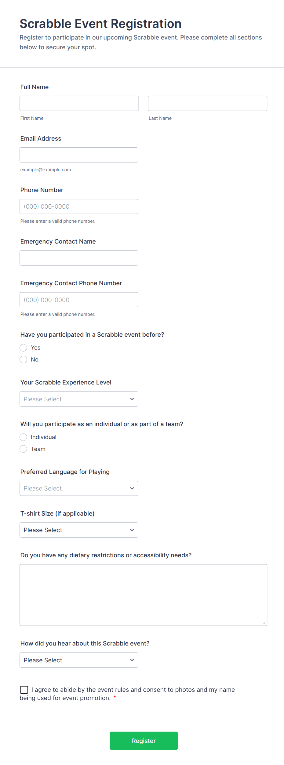 Scrabble Event Registration Form Template | Jotform