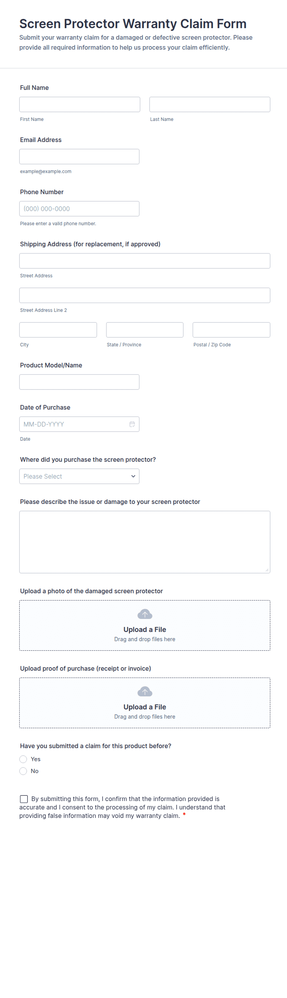Screen Protector Warranty Claim Form Template | Jotform