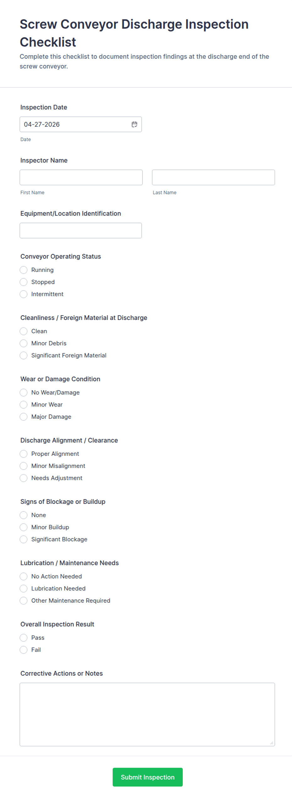 Screw Conveyor Discharge Inspection Checklist Form Template | Jotform