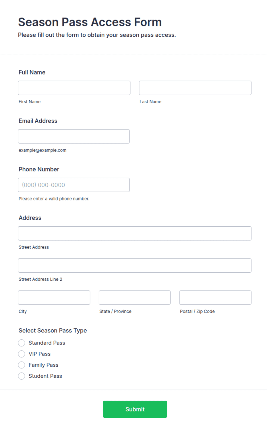 Season Pass Access Form Template | Jotform