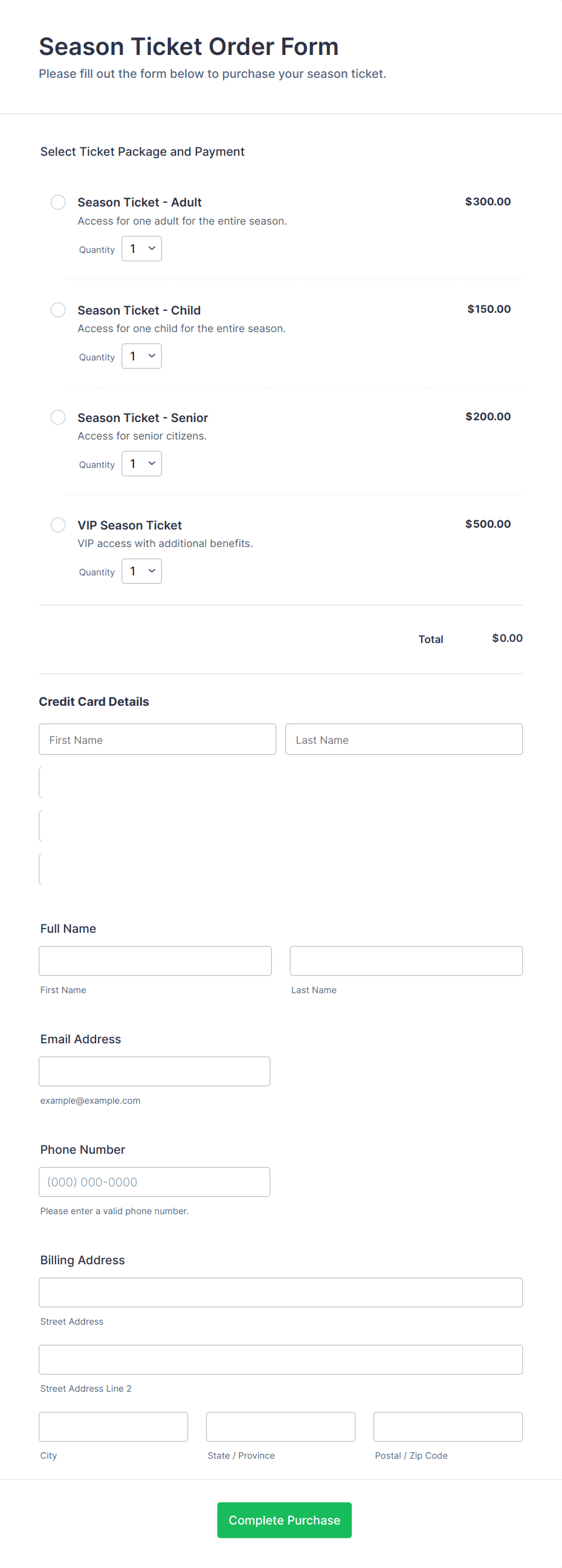 Season Ticket Order Form Template | Jotform