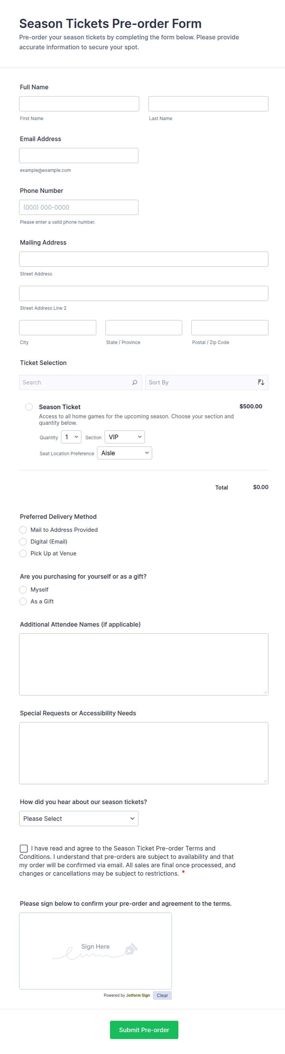 Season Tickets Pre-order Form Template | Jotform