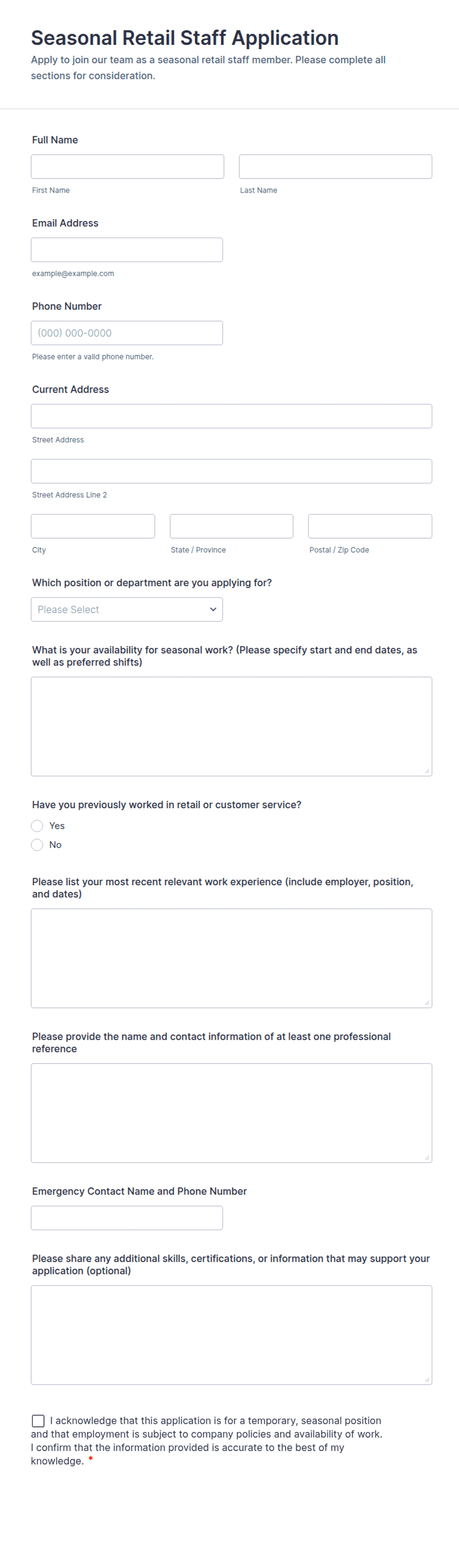 Seasonal Retail Staff Application Form Template | Jotform