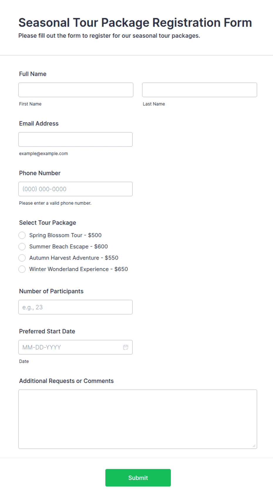 Seasonal Tour Package Registration Form Template | Jotform
