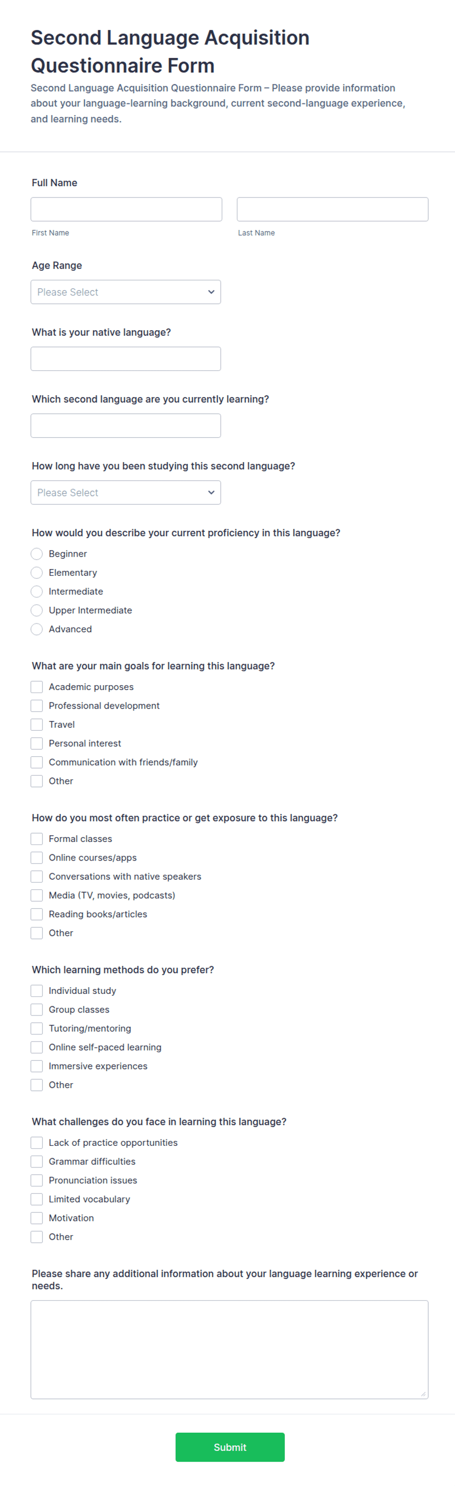 Second Language Acquisition Questionnaire Form Template | Jotform