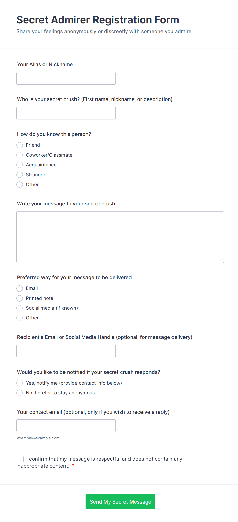 Secret Admirer Registration Form Template | Jotform