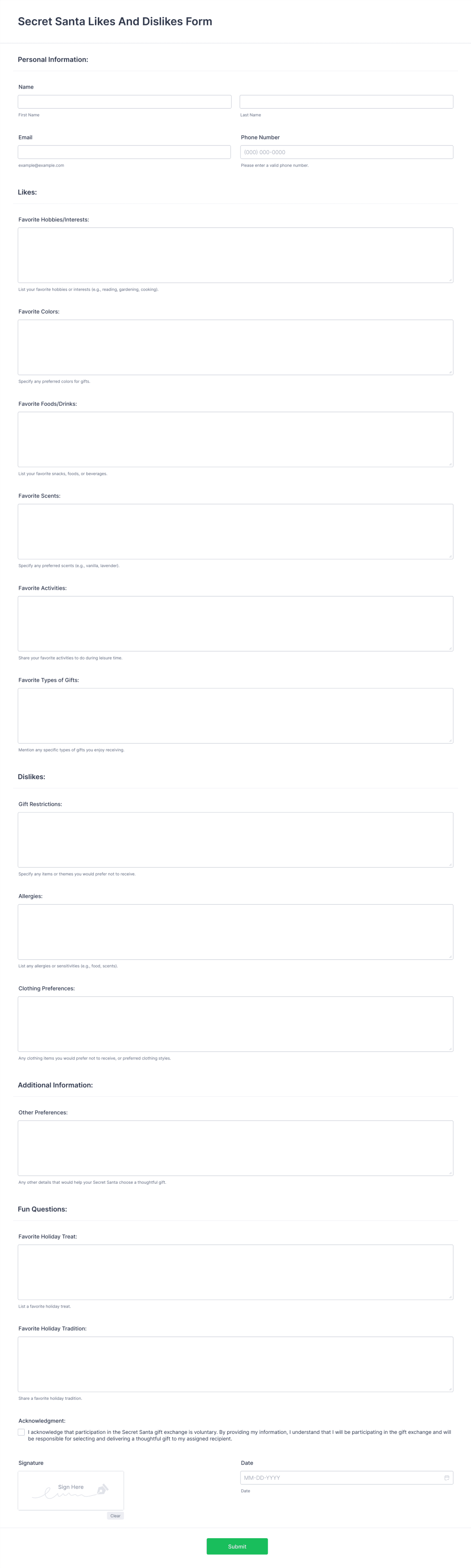 Secret Santa Likes And Dislikes Form Template | Jotform