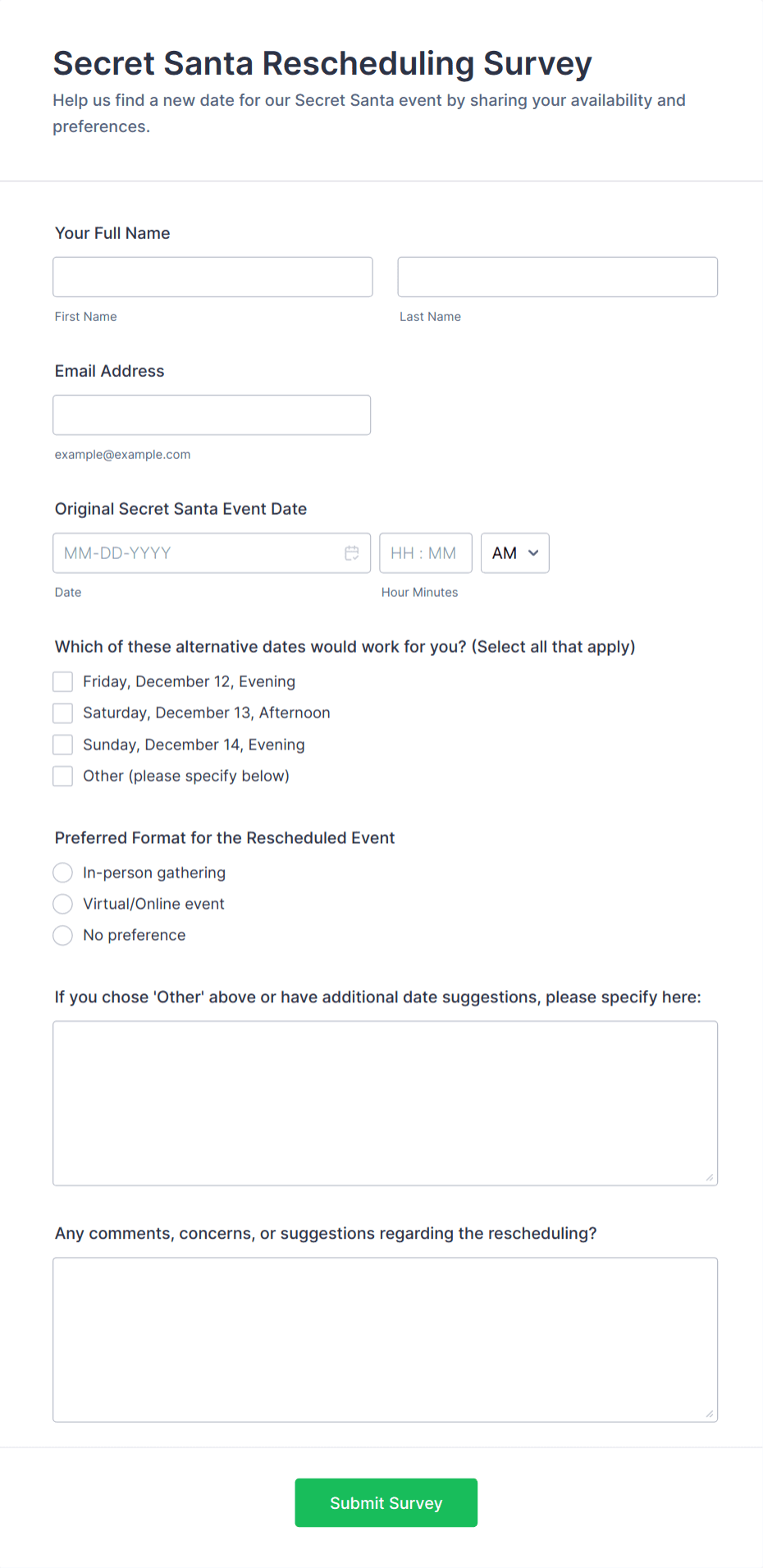 Secret Santa Rescheduling Survey Form Template | Jotform