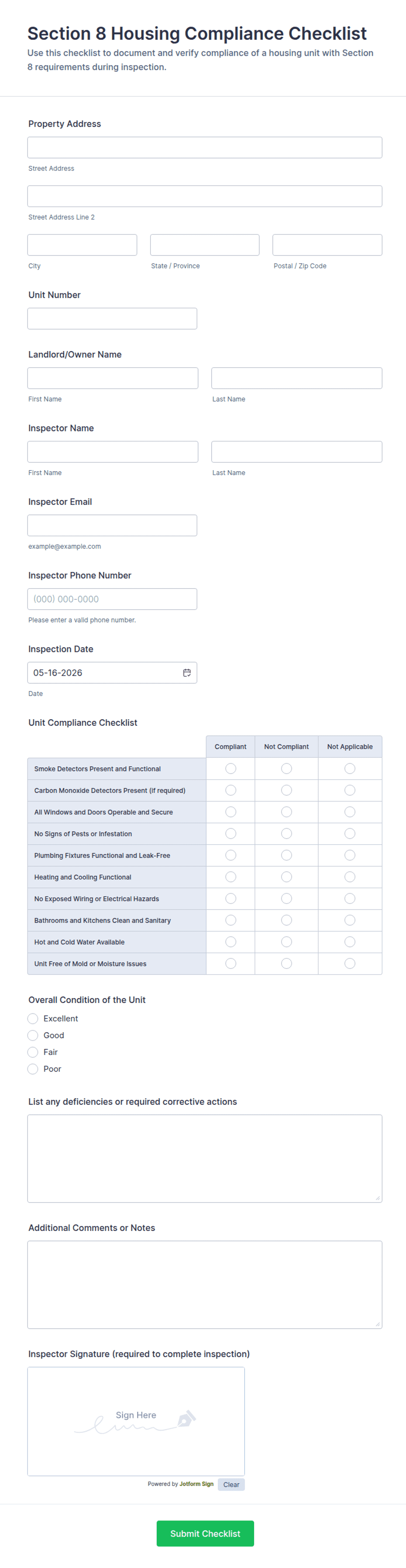 Section 8 Housing Compliance Checklist Form Template | Jotform