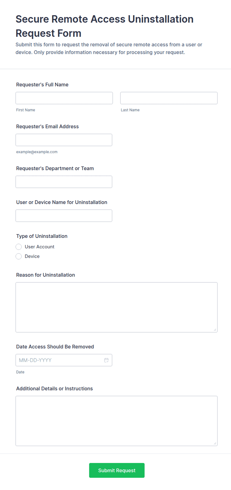 Secure Remote Access Uninstallation Request Form Template | Jotform
