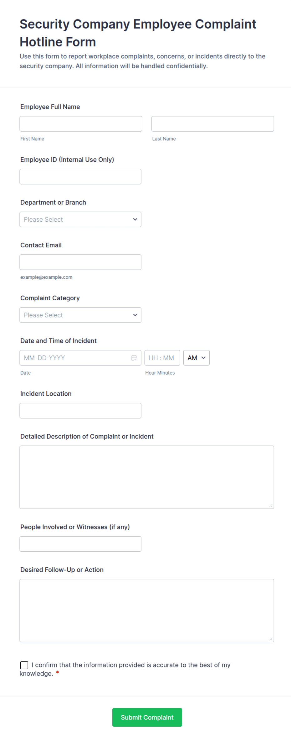 Security Company Employee Complaint Hotline Form Template | Jotform
