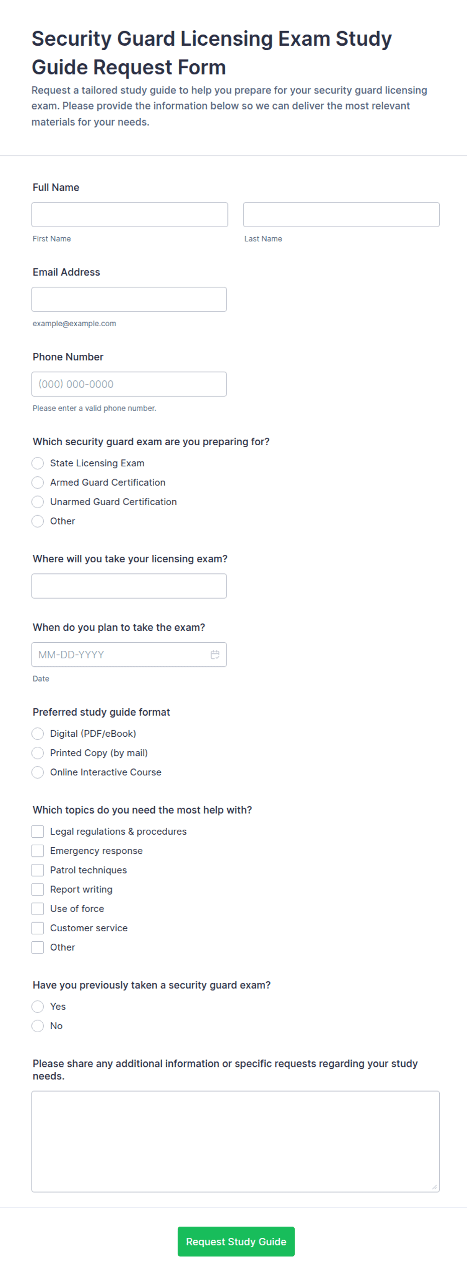 Security Guard Licensing Exam Study Guide Request Form Template | Jotform