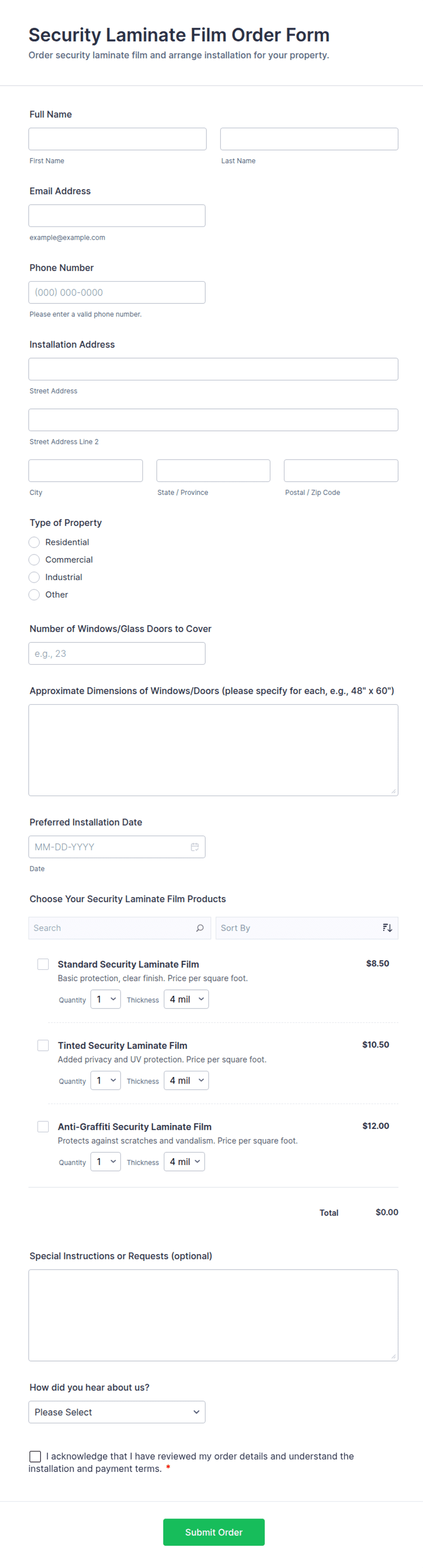 Security Laminate Film Order Form Template | Jotform
