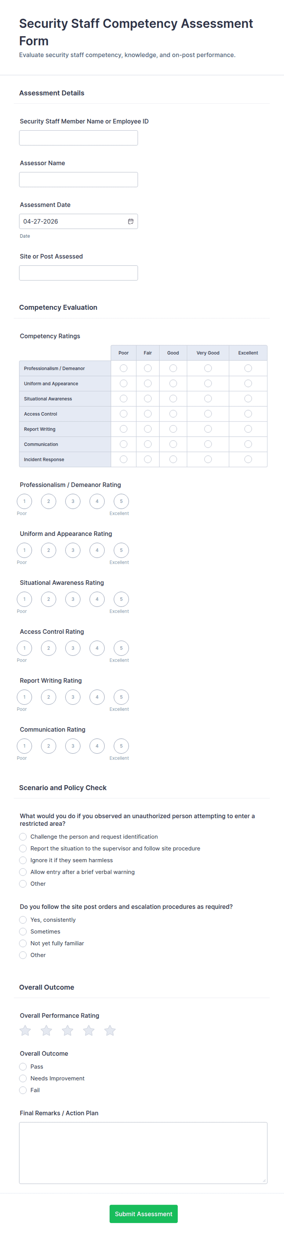 Security Staff Competency Assessment Form Template | Jotform