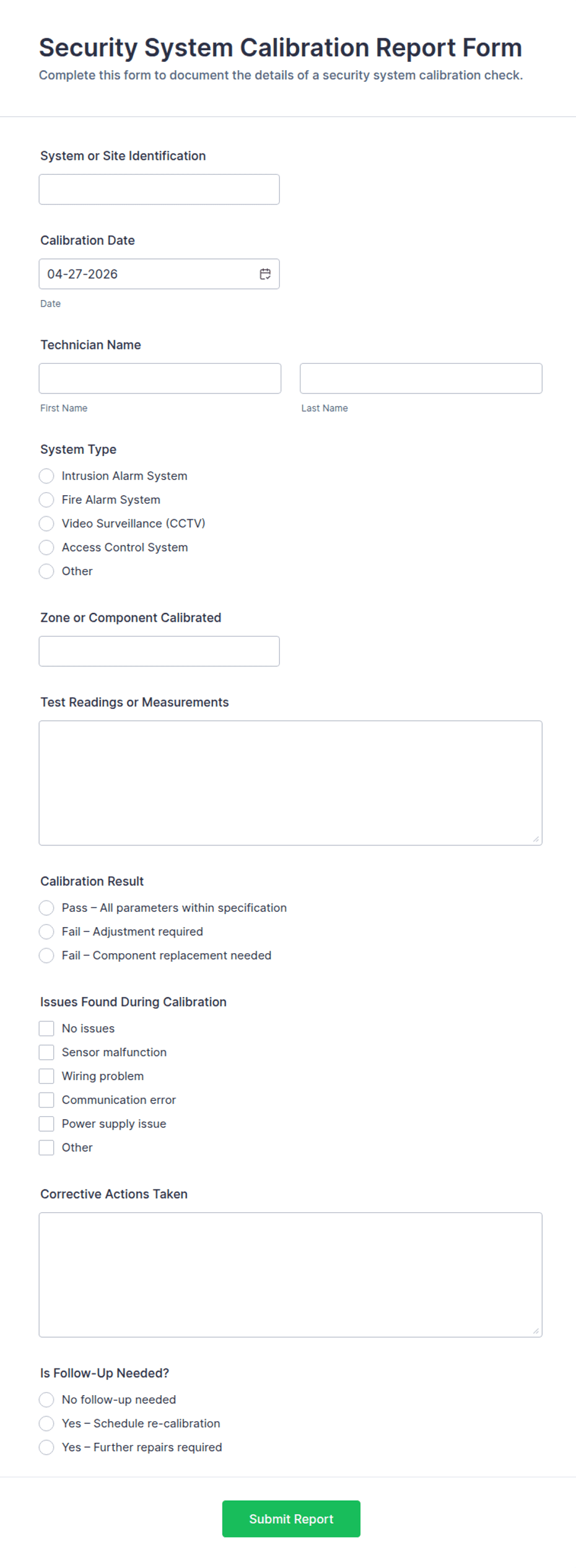 Security System Calibration Report Form Template | Jotform