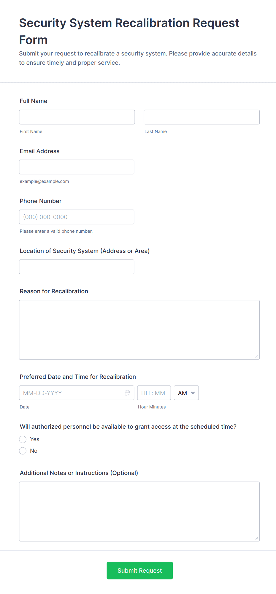 Security System Recalibration Request Form Template | Jotform