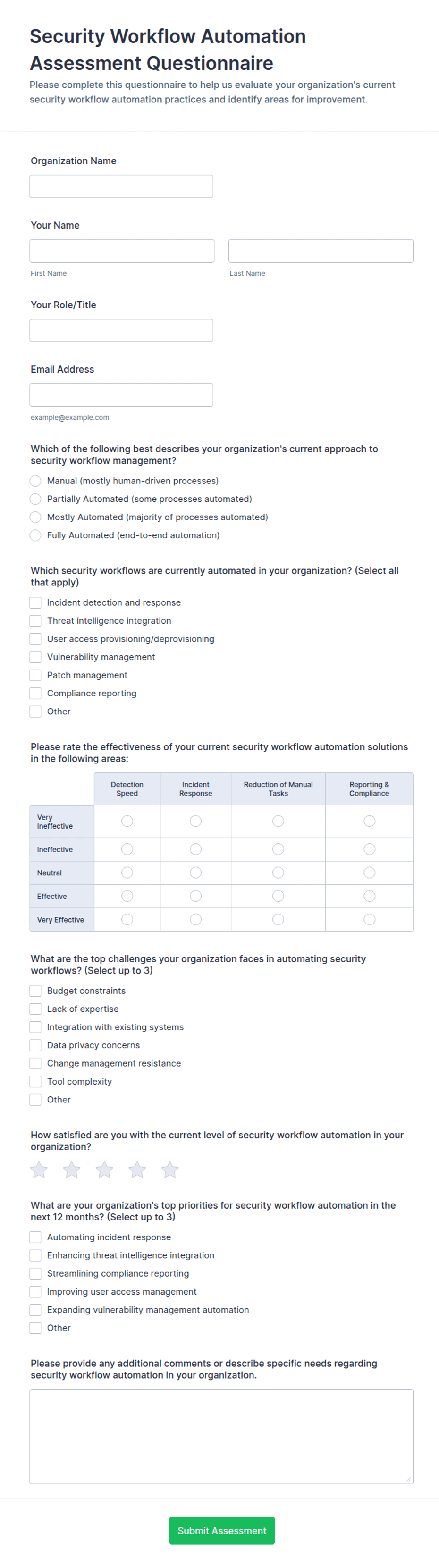 Security Workflow Automation Assessment Questionnaire Form Template ...