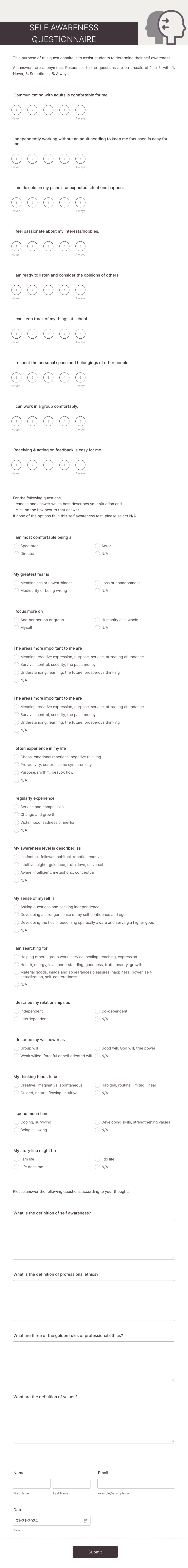 Self Awareness Questionnaire Form Template | Jotform
