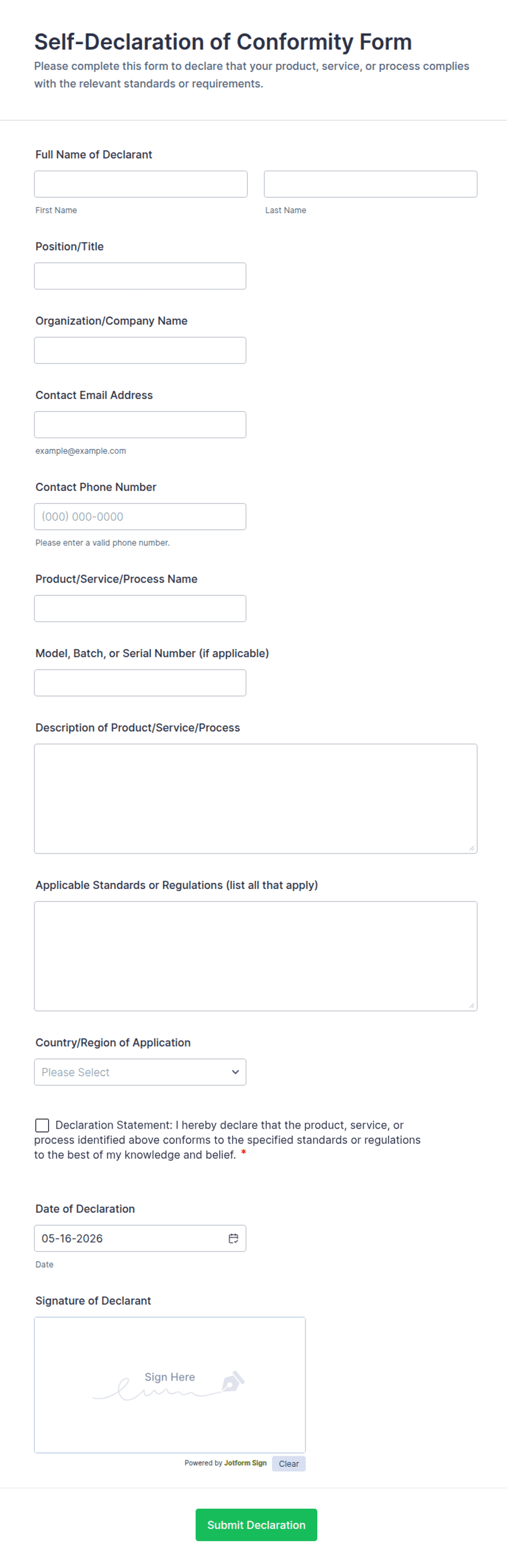 Self-Declaration of Conformity Form Template | Jotform