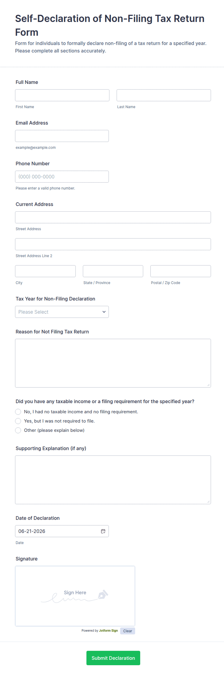 Self-Declaration of Non-Filing Tax Return Form Template | Jotform