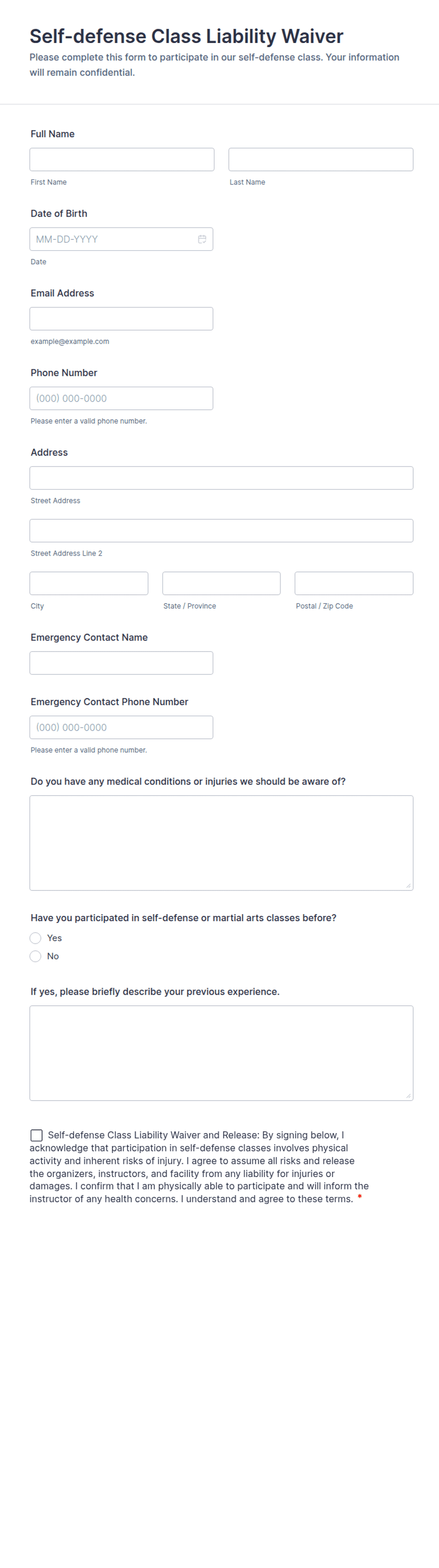 Self-defense Class Liability Waiver Form Template | Jotform