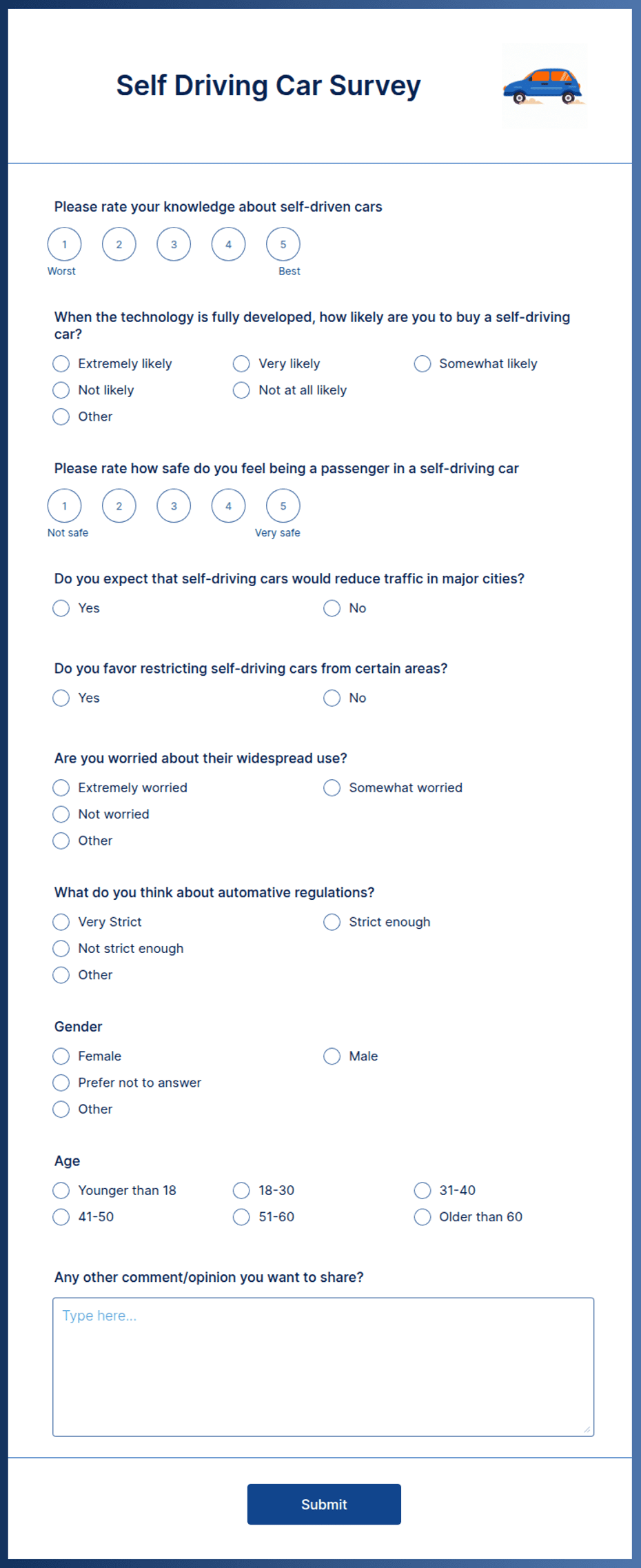 Self Driving Car Survey Form Template | Jotform