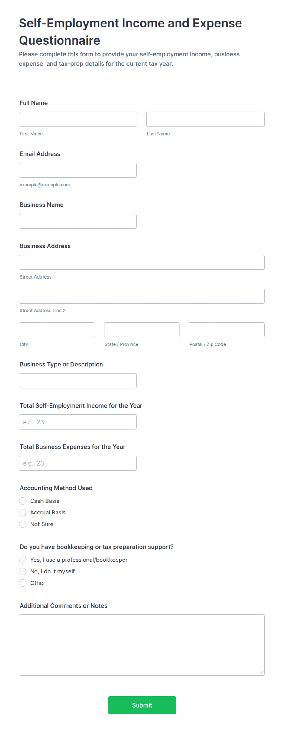 Self-Employment Income and Expense Questionnaire Form Template | Jotform