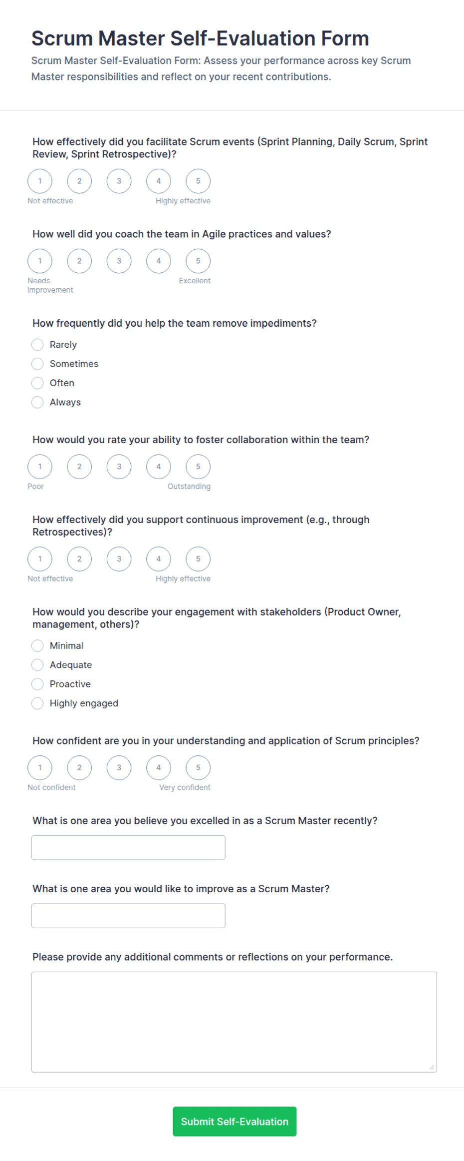Self-Evaluation Form for Scrum Master | Jotform