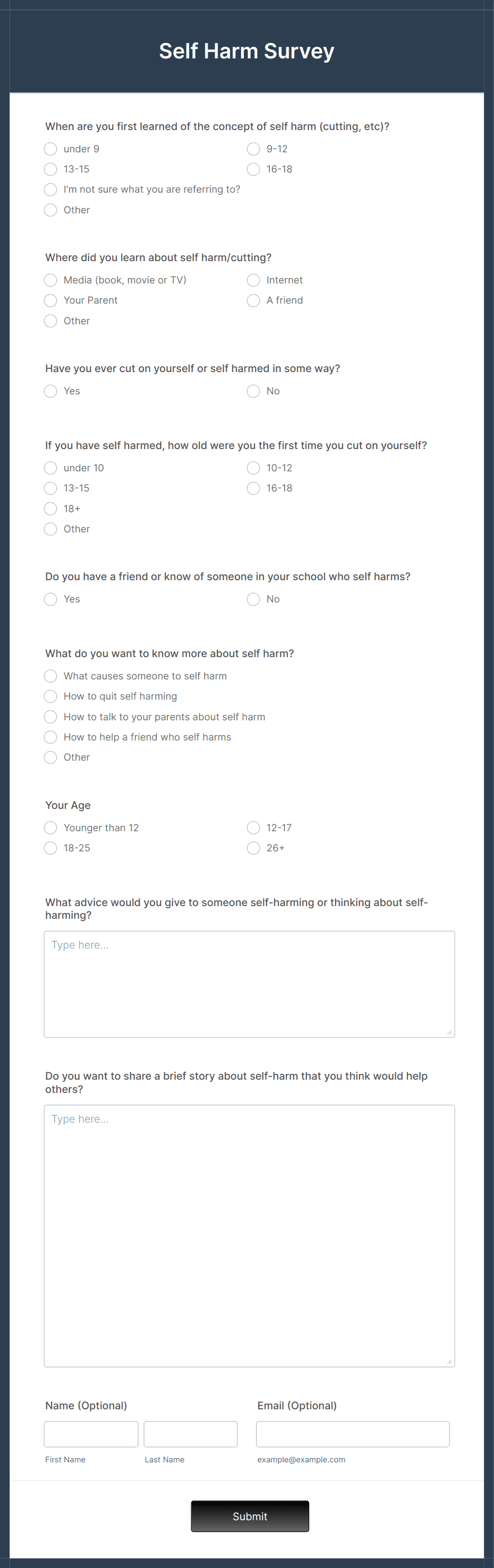 Self Harm Survey Form Template | Jotform