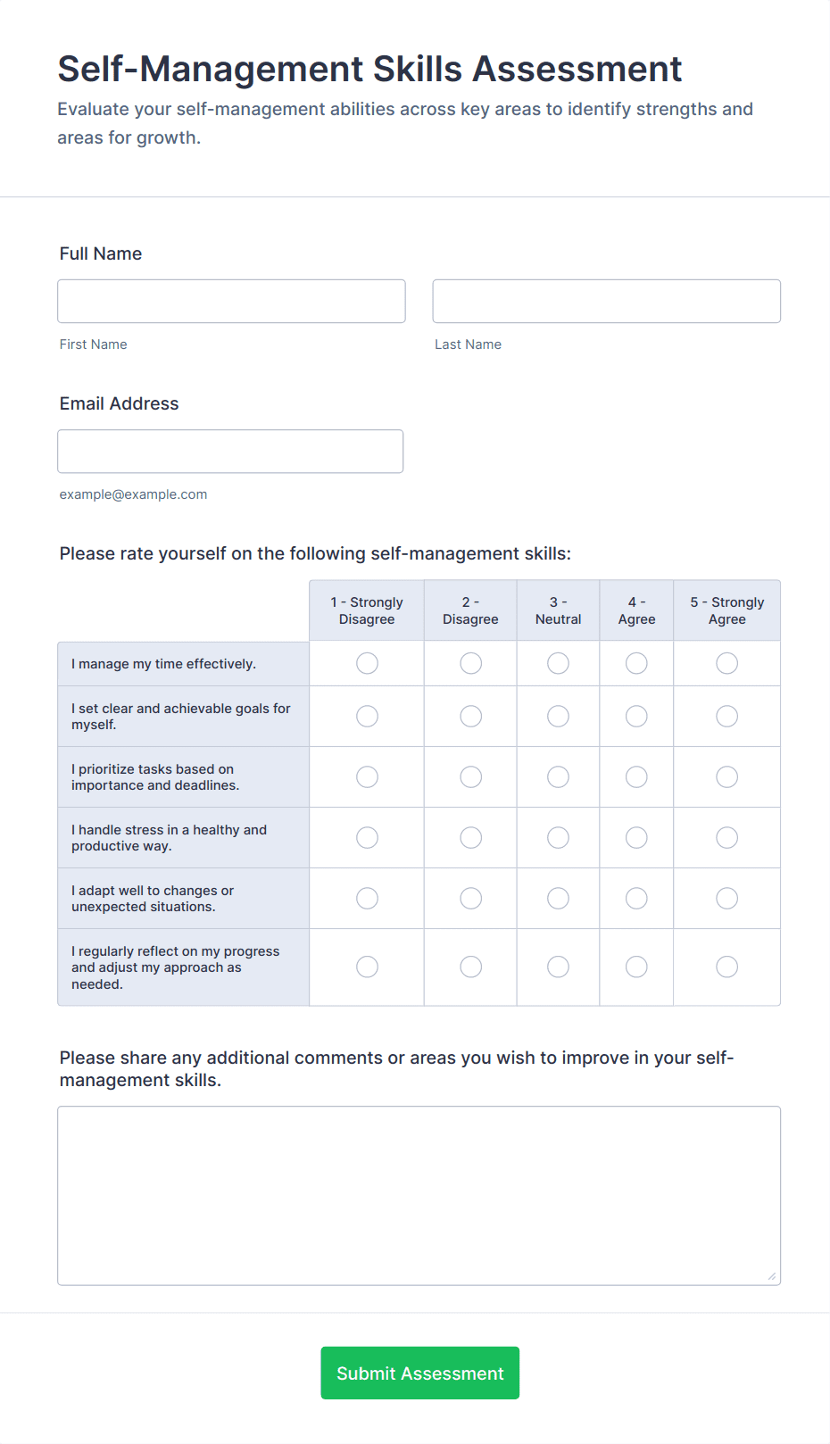 Self-Management Skills Assessment Form Template | Jotform