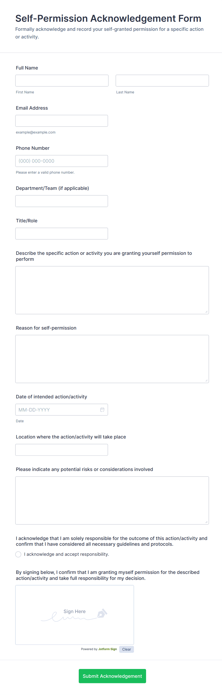 Self-Permission Acknowledgement Form Template | Jotform