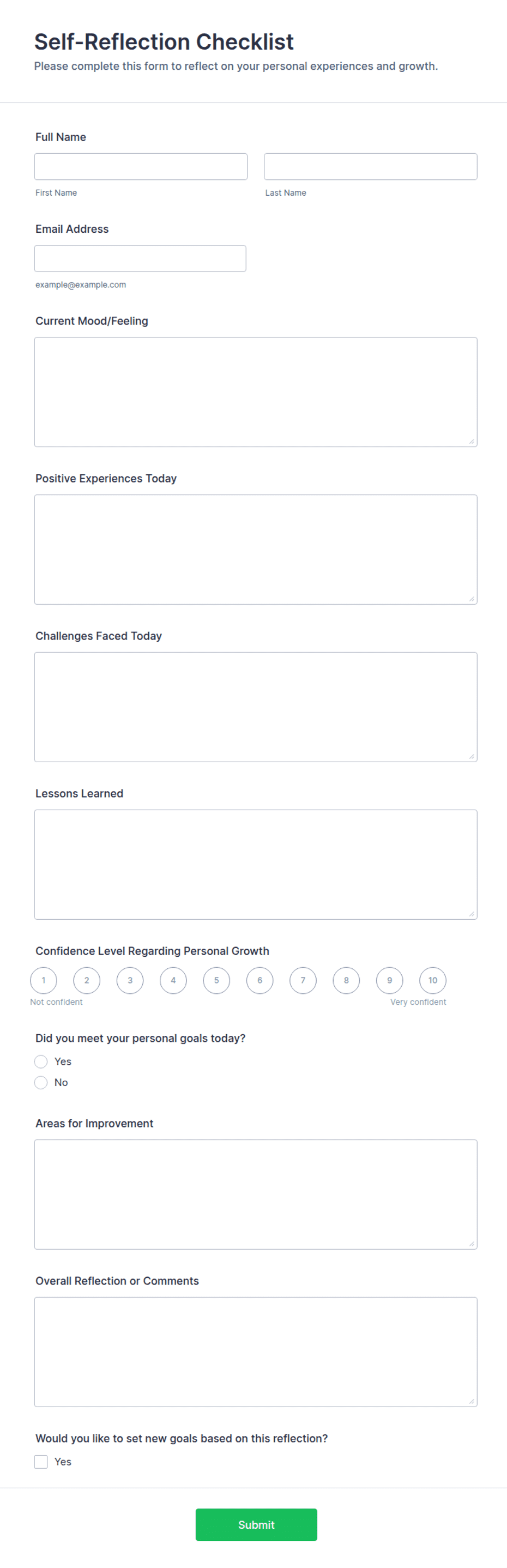 Self-Reflection Checklist Form Template | Jotform