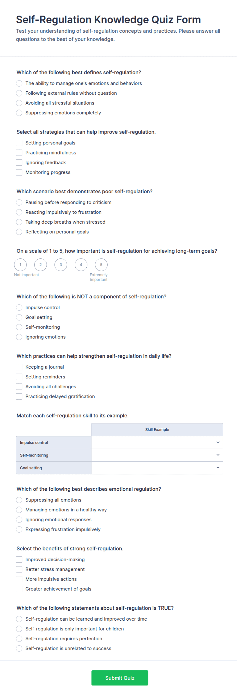 Self-Regulation Knowledge Quiz Form Template | Jotform