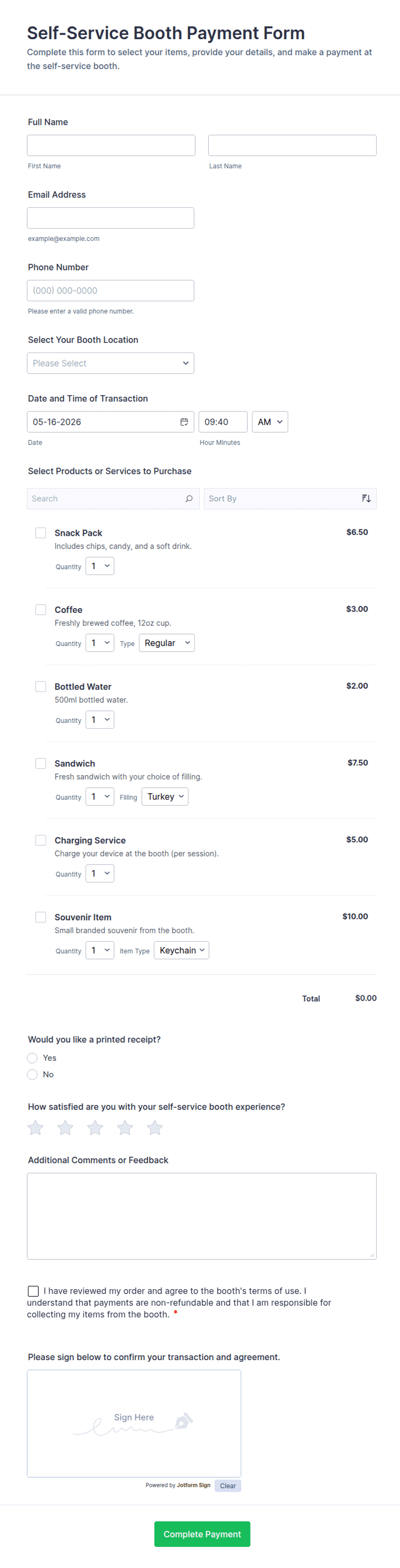 Self-Service Booth Payment Form Template | Jotform
