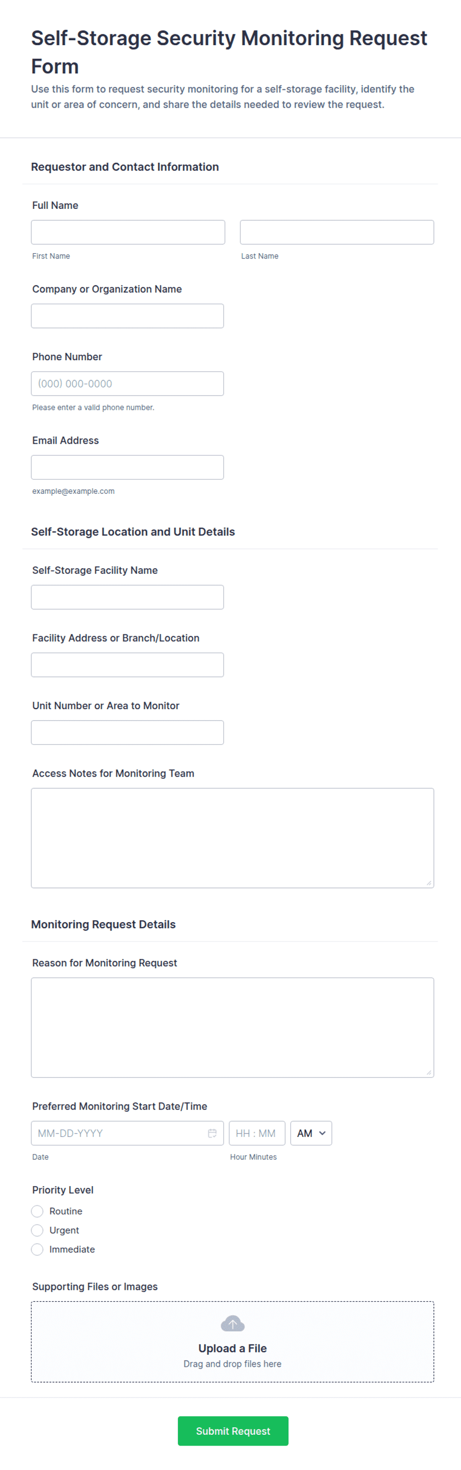 Self-Storage Security Monitoring Request Form Template | Jotform