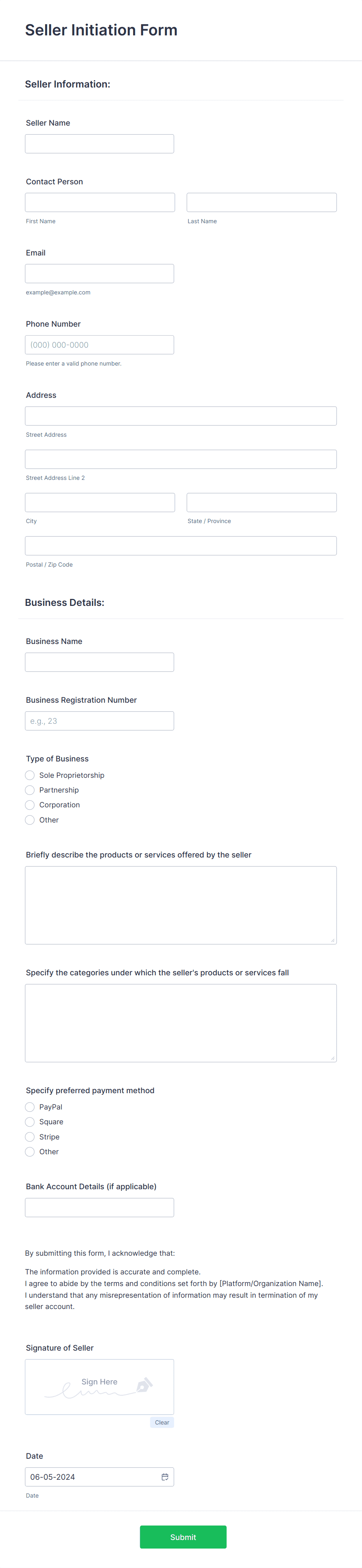 Seller Initiation Form Template | Jotform