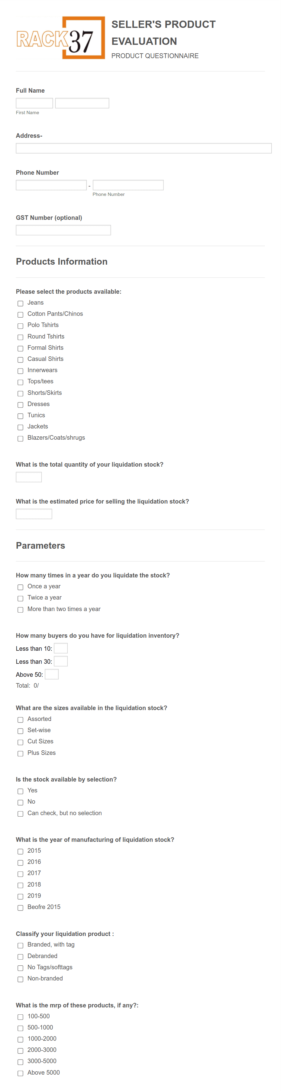 Seller's Product Evaluation Questionnaire Form Template | Jotform